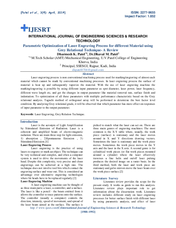 Pdf Parametric Optimization Of Laser Engraving Process For Different Material Using Grey