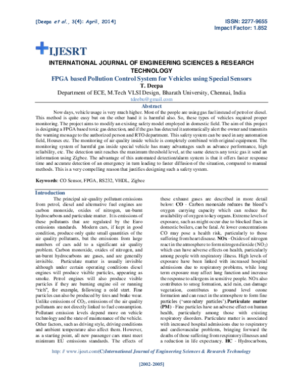 Pdf Fpga Based Pollution Control System For Vehicles Using Special Sensors