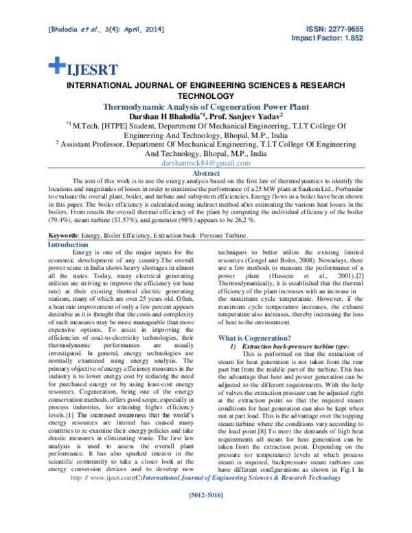 Pdf Thermodynamic Analysis Of Cogeneration Power Plant Ijesrt Journal