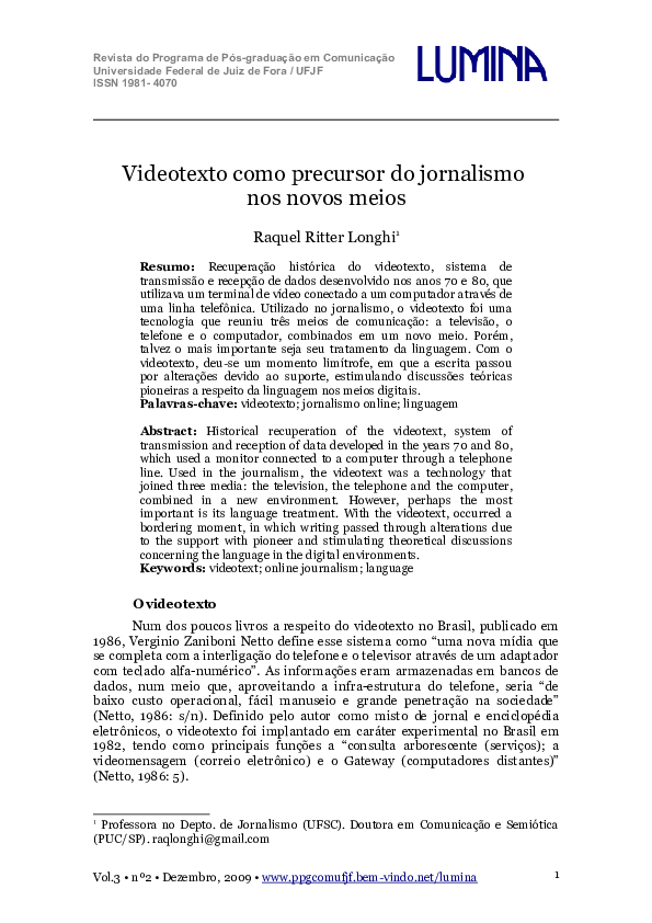 (PDF) Videotexto como precursor do jornalismo nos novos meios