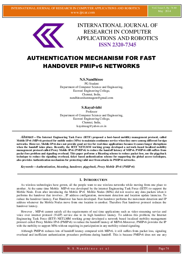 (PDF) AUTHENTICATION MECHANISM FOR FAST HANDOVER PMIPv6 NETWORKS
