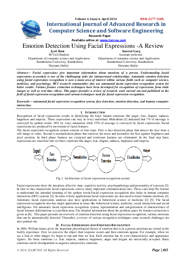 Pdf Emotion Detection Using Facial Expressions A Review