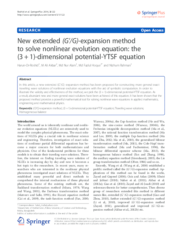 (PDF) New extended (G ’ /G) -expansion method to solve nonlinear evolution equation: the (3 + 1 ...