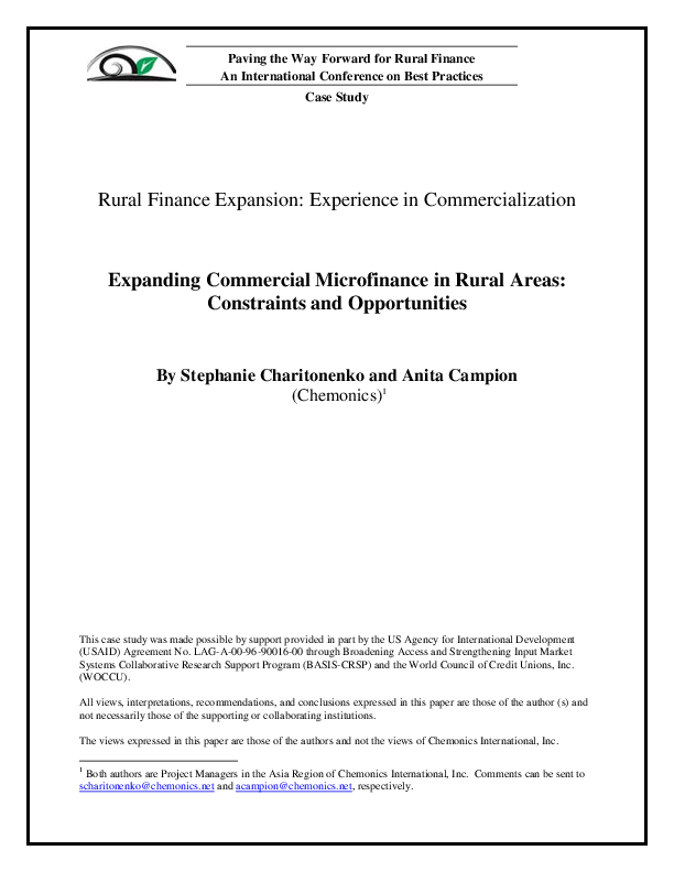 (PDF) Expanding Commercial Microfinance in Rural Areas: Constraints and ...