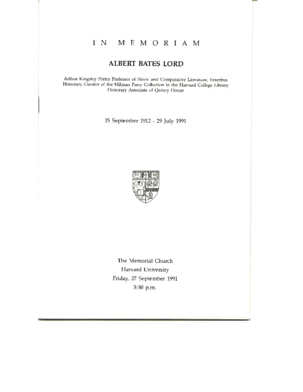 (PDF) Memorial celebrating Albert Bates Lord, Arthur Kingsley Porter ...