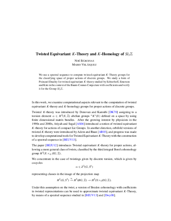 (PDF) Twisted equivariant K- Theory and K-Homology of Sl3(Z)
