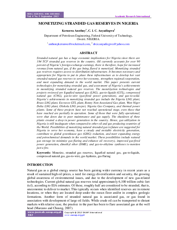 (PDF) ISSN-L: 2223-9553, ISSN: 2223-9944 MONETIZING STRANDED GAS ...
