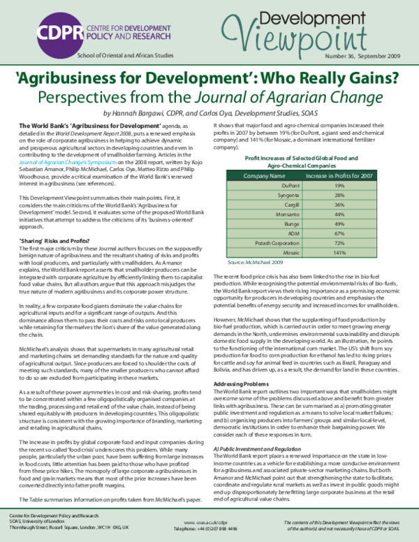 (PDF) Agribusiness for Development': Who Really Gains? Perspectives ...
