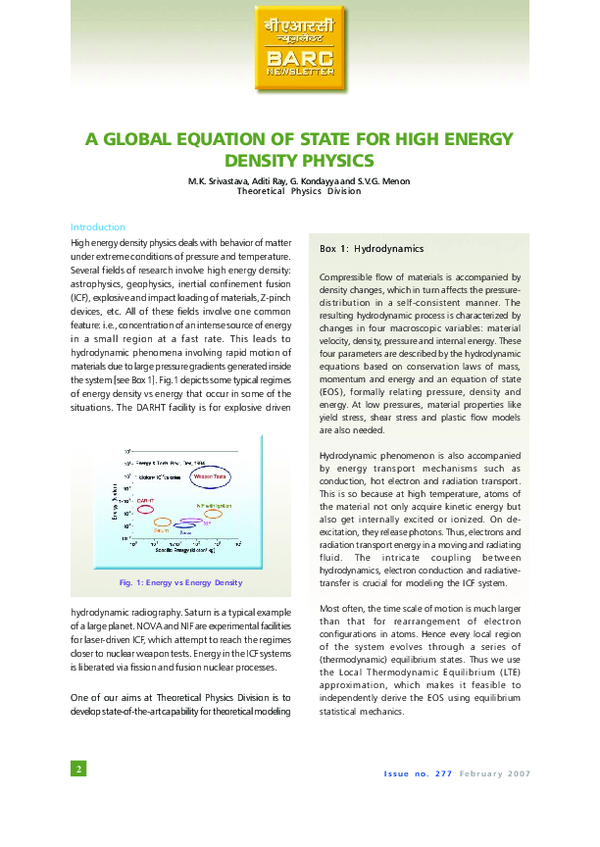 (PDF) A Global Equation of State for High Energy Density Physics