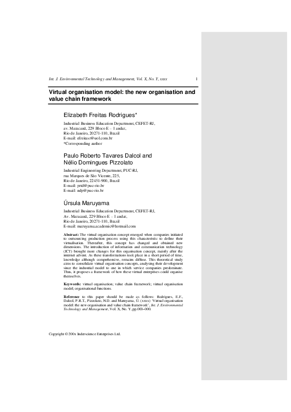 (PDF) Virtual organisation model: the new organisation and value chain framework