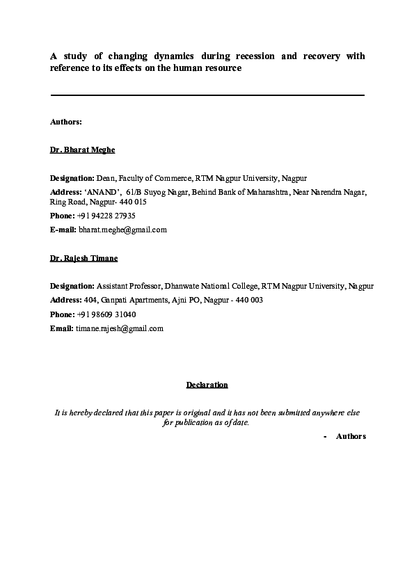 (PDF) A study on changing dynamics during recession and recovery with ...