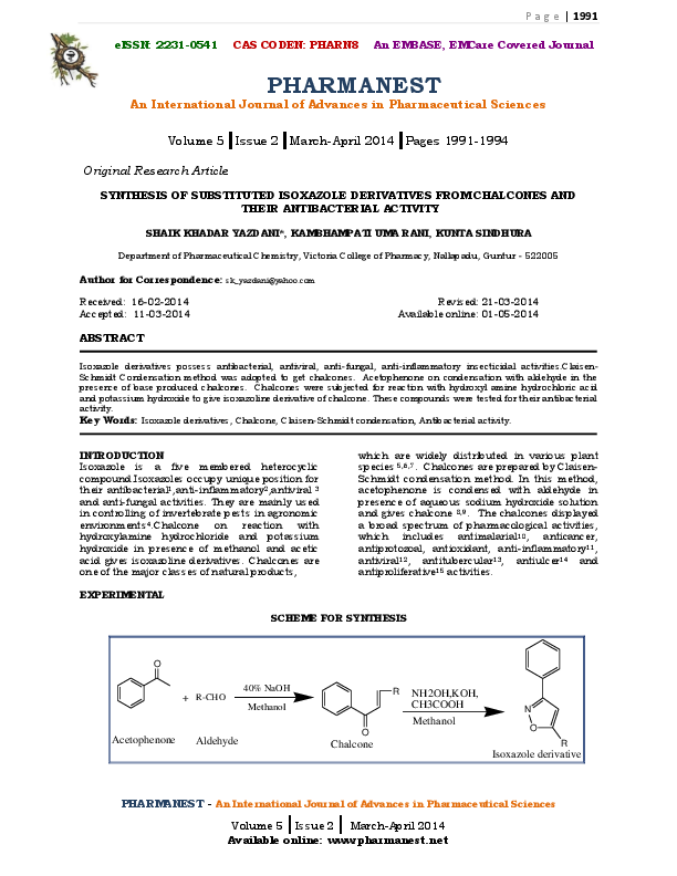 (PDF) SYNTHESIS OF SUBSTITUTED ISOXAZOLE DERIVATIVES FROM CHALCONES AND ...