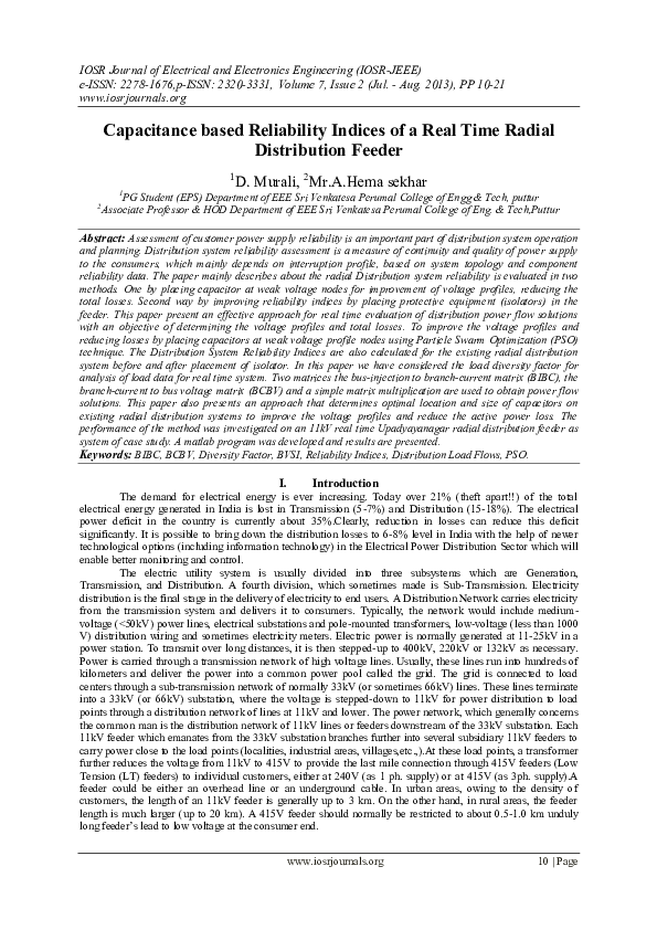 (PDF) Capacitance based Reliability Indices of a Real Time Radial Distribution Feeder