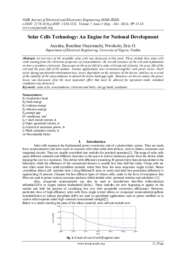 (PDF) Solar Cells Technology: An Engine for National Development
