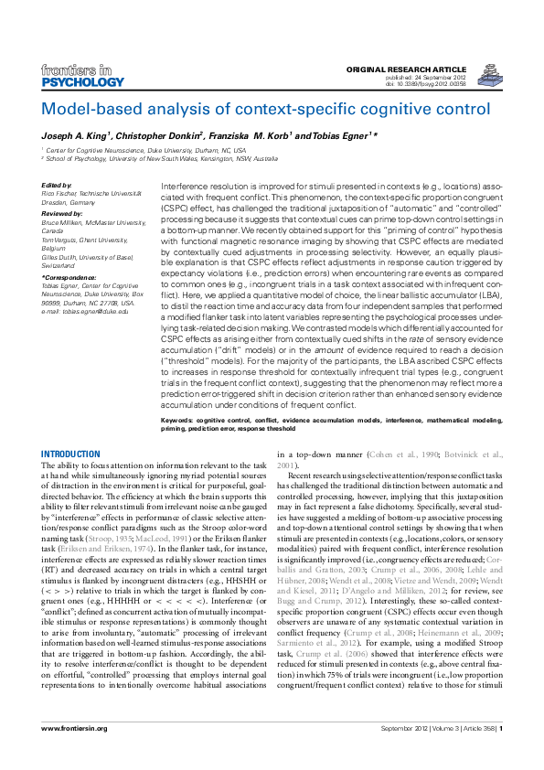 Pdf Model Based Analysis Of Context Specific Cognitive Control