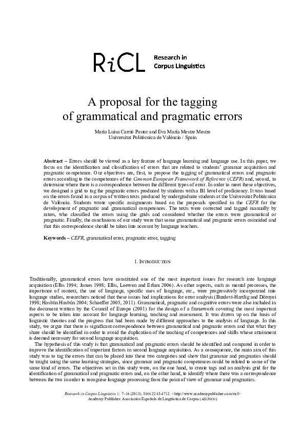A Proposal For The Tagging Of Grammatical And Pragmatic Errors