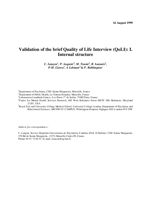 (PDF) Validation of the brief Quality of Life Interview (QoLI): I ...