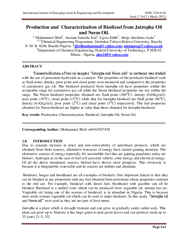 (PDF) Production and Characterization of Biodiesel from Jatropha Oil ...