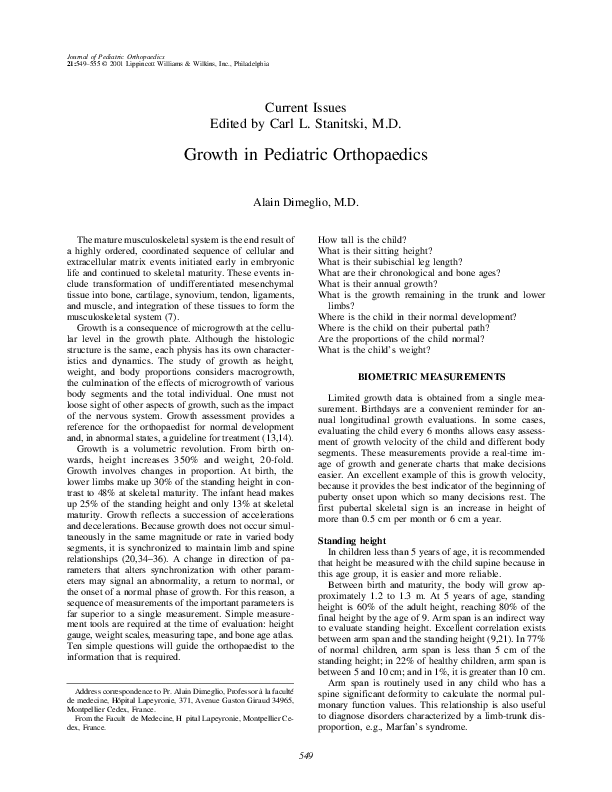 (PDF) Current Issues Edited by Growth in Pediatric Orthopaedics