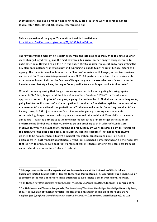 (PDF) Theory and Practice in the Work of Terence Ranger