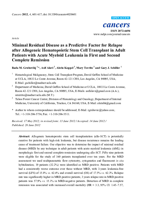 (PDF) Minimal Residual Disease as a Predictive Factor for Relapse after Allogeneic Hematopoietic ...