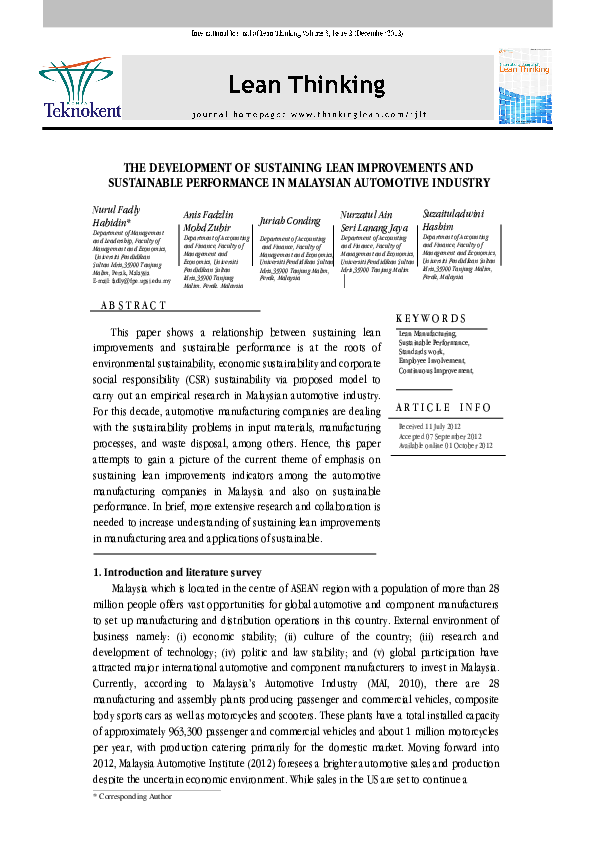 (PDF) The Development of Sustaining Lean Improvement and Sustainable Performance in Malaysian ...
