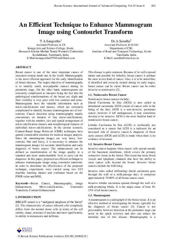 Pdf An Efficient Technique To Enhance Mammogram Image Using Contourlet Transform