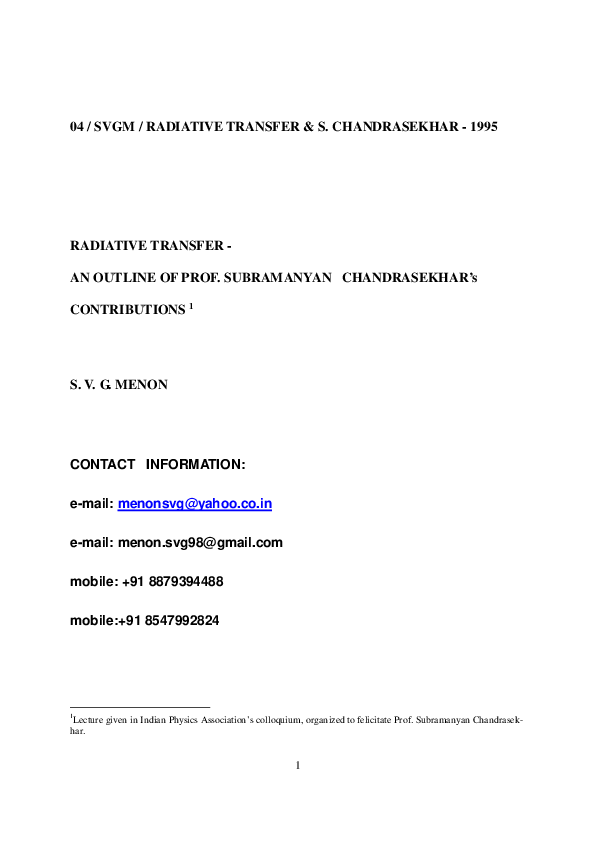 (PDF) Radiative Transfer - An Outline of Prof. S. Chandrasekhar's ...