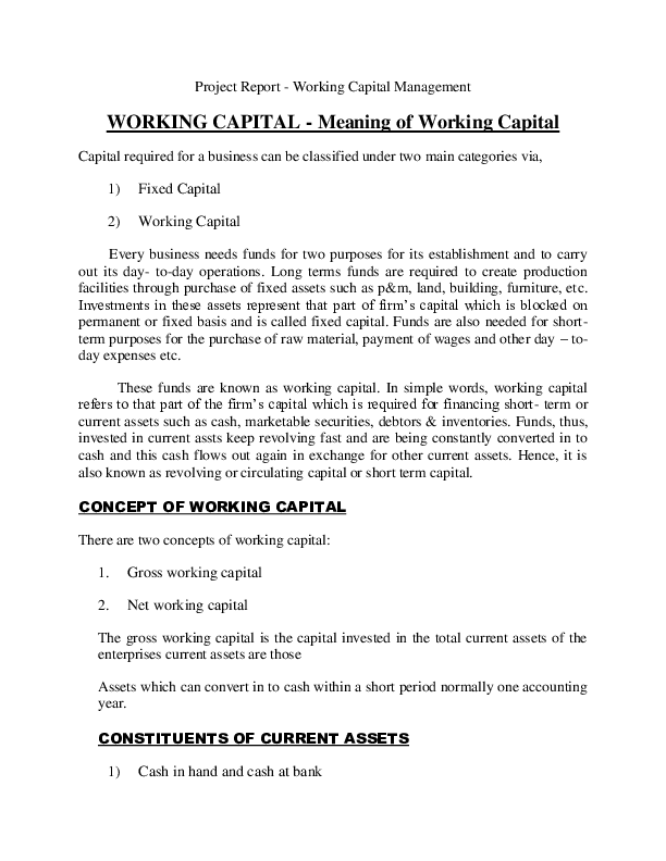 (DOC) Project Report -Working Capital Management WORKING CAPITAL ...