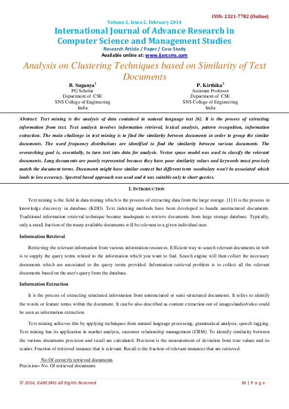 2014, IJARCSMS All Rights Reserved Analysis on Clustering Techniques ...