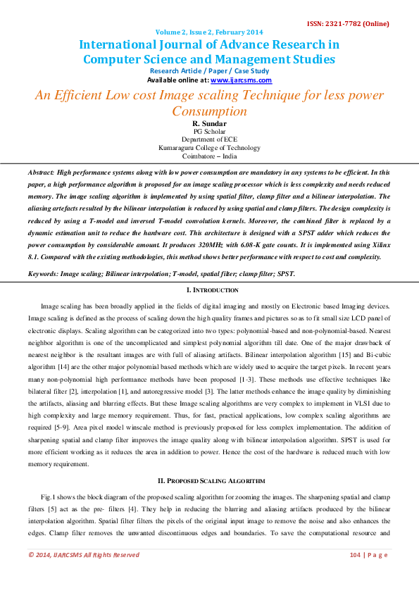 2014, IJARCSMS All Rights Reserved An Efficient Low cost Image scaling ...