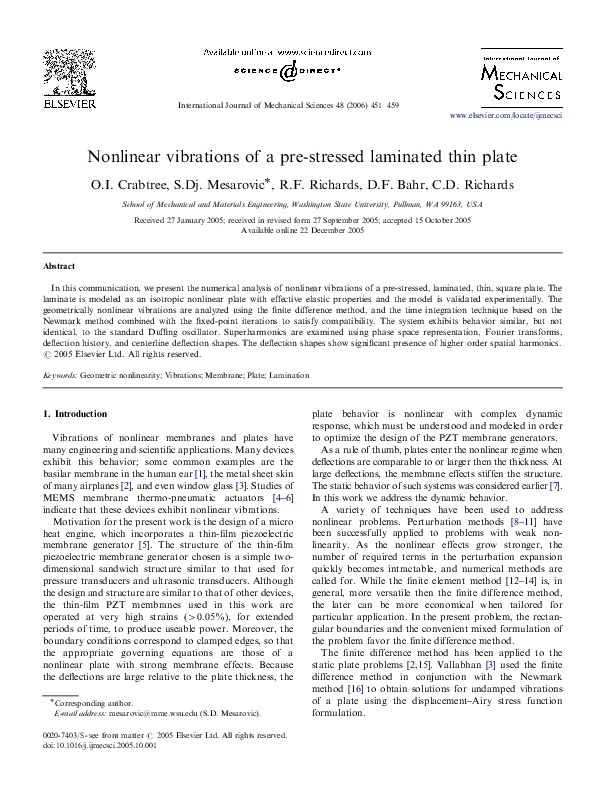 (PDF) Nonlinear vibrations of a pre-stressed laminated thin plate