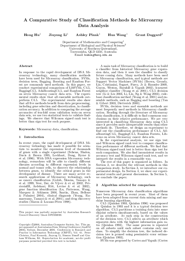 (PDF) A Comparative Study of Classification Methods For Microarray Data Analysis