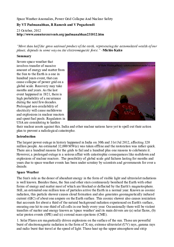 (PDF) Space Weather Anomalies, Power Grid Collapse And Nuclear Safety