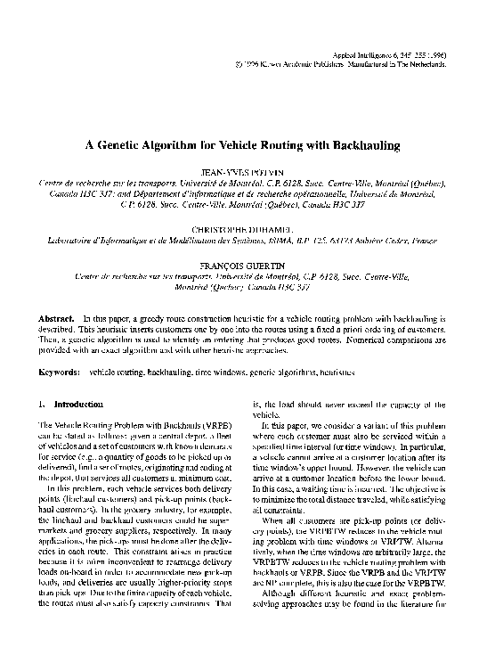 (PDF) A Genetic Algorithm for Vehicle Routing with Backhauling
