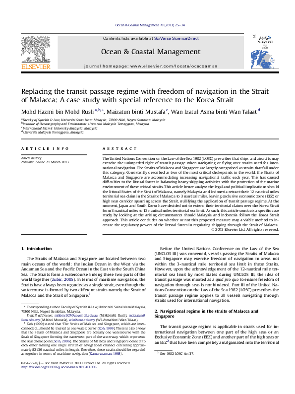 (PDF) Replacing the transit passage regime with freedom of navigation ...