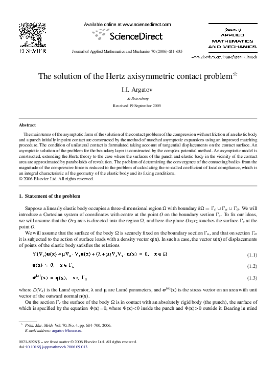(PDF) The solution of the Hertz axisymmetric contact problem