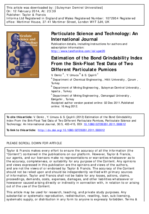 (PDF) Estimation of the Bond Grindability Index From the Sink-Float ...