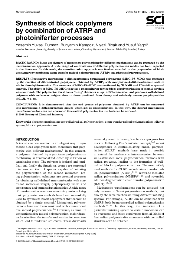 (PDF) Synthesis of block copolymers by combination of ATRP and photoiniferter processes