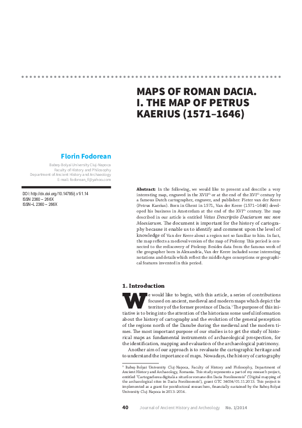 MAPS OF ROMAN DACIA. I. THE MAP OF PETRUS KAERIUS (1571–1646), in ...