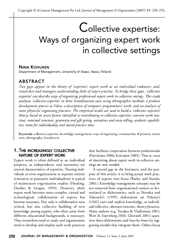 Collective expertise: Ways of organizing expert work in collective settings