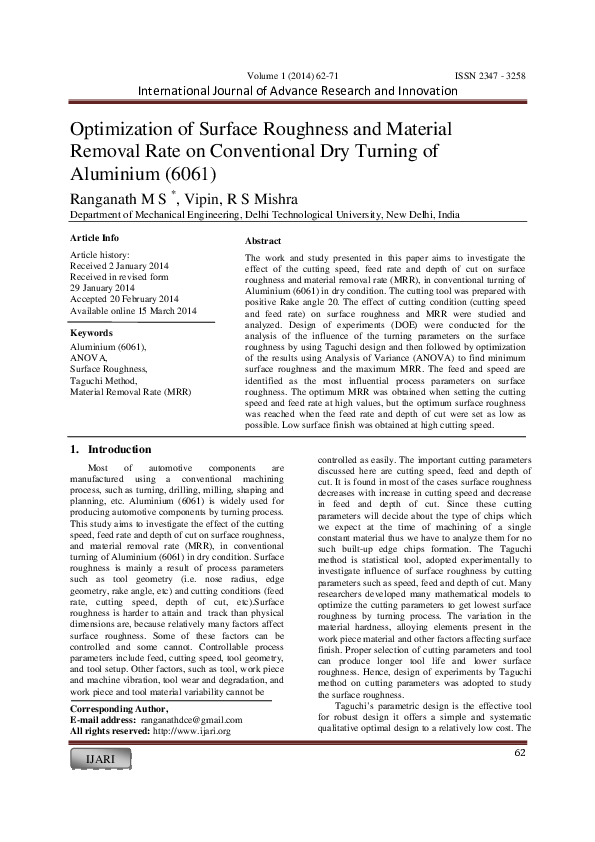 Pdf Optimization Of Surface Roughness And Material Removal Rate On Conventional Dry Turning Of