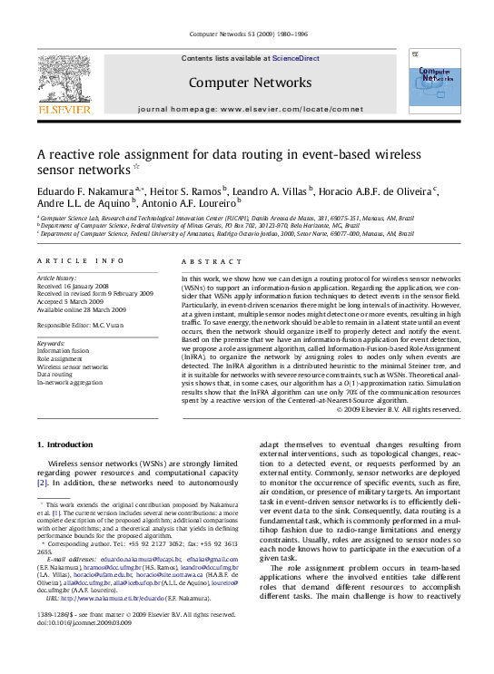 (PDF) A reactive role assignment for data routing in event-based wireless sensor networks