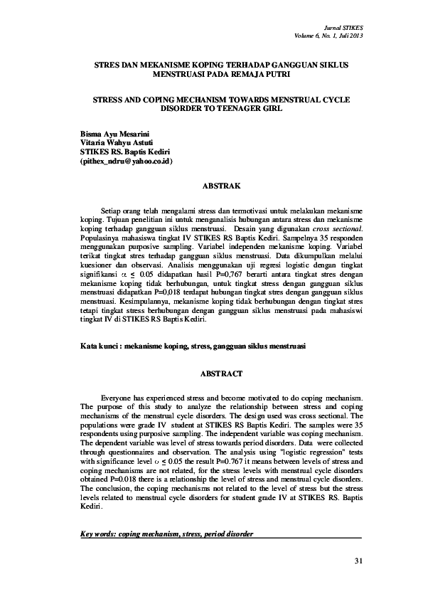 (PDF) STRES DAN MEKANISME KOPING TERHADAP GANGGUAN SIKLUS MENSTRUASI PADA REMAJA PUTRI STRESS ...
