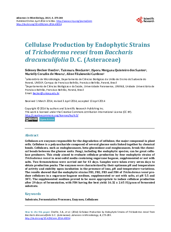 (PDF) Cellulase Production by Endophytic Strains of Trichoderma reesei from Baccharis ...