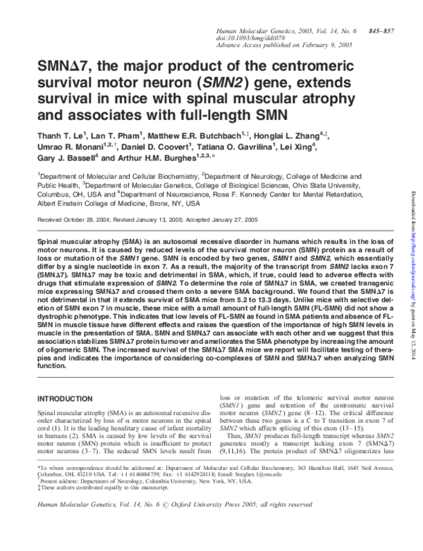 (PDF) SMN 7, the major product of the centromeric survival motor neuron ...