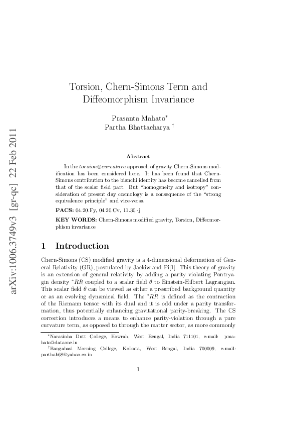 (PDF) Torsion, Chern-Simons Term and Diffeomorphism Invariance