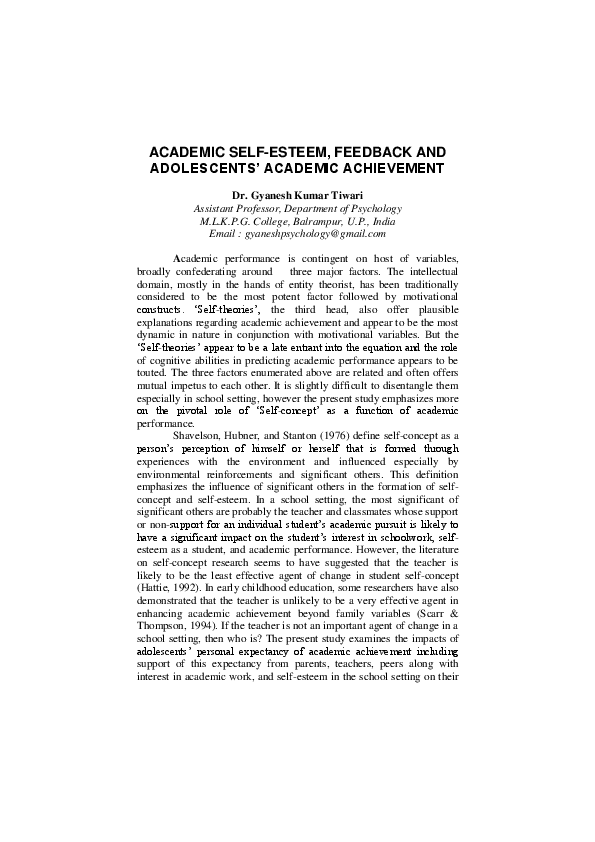 (PDF) Academic Self-esteem, Feedback and Adolescents' Academic Achievement