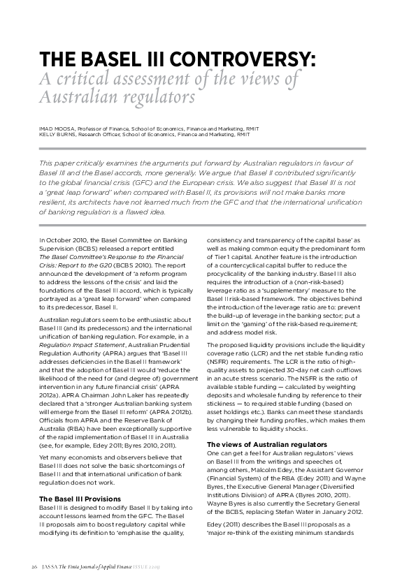 (PDF) The Basel III Controversy: A Critical Assessment of the Views of ...