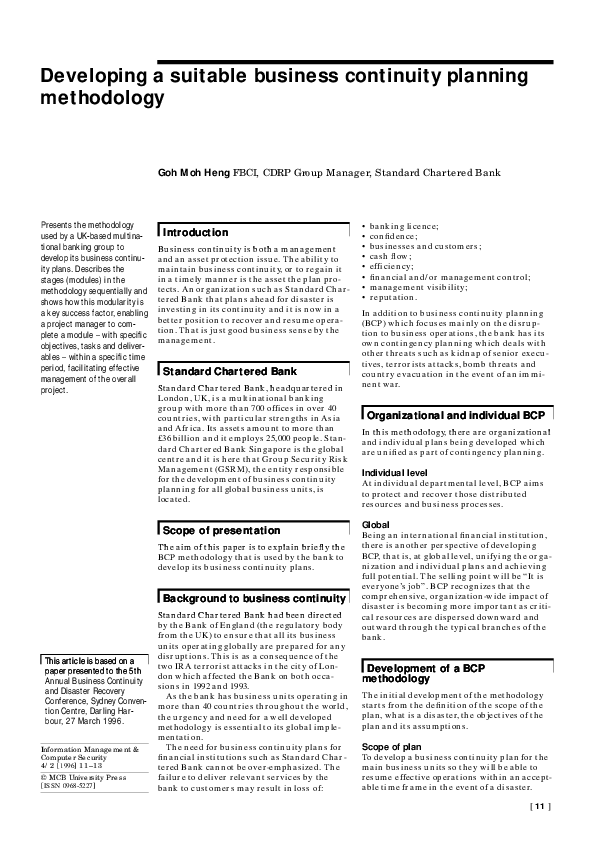 Developing a suitable business continuity planning methodology